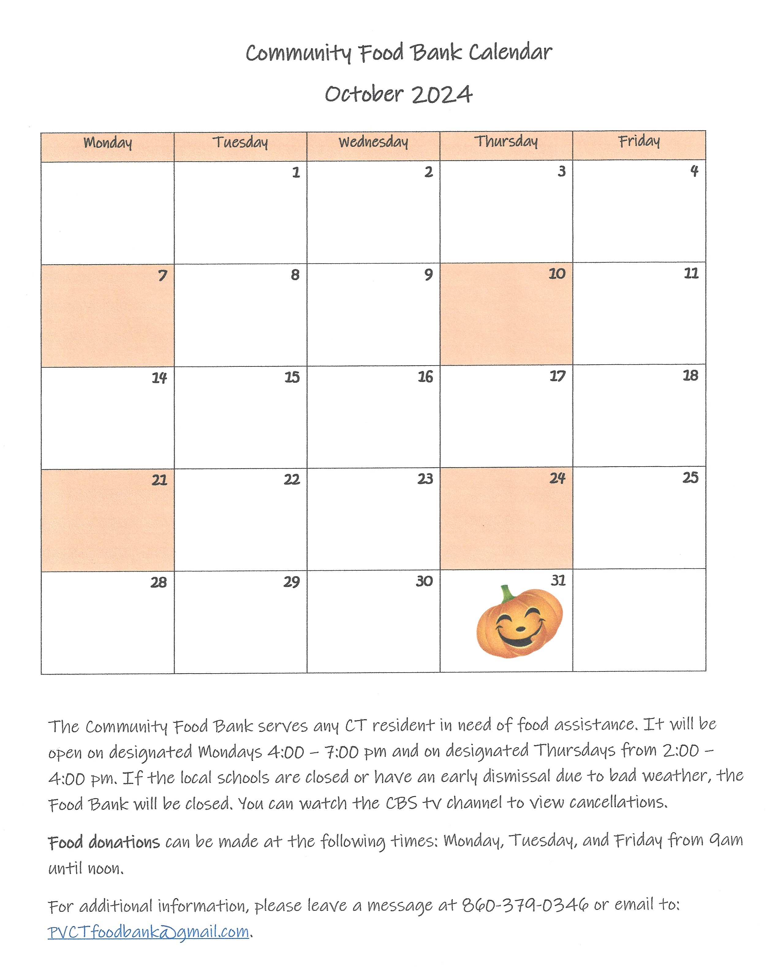 October Calendar for Community Food Bank – Pleasant Valley-Winsted ...