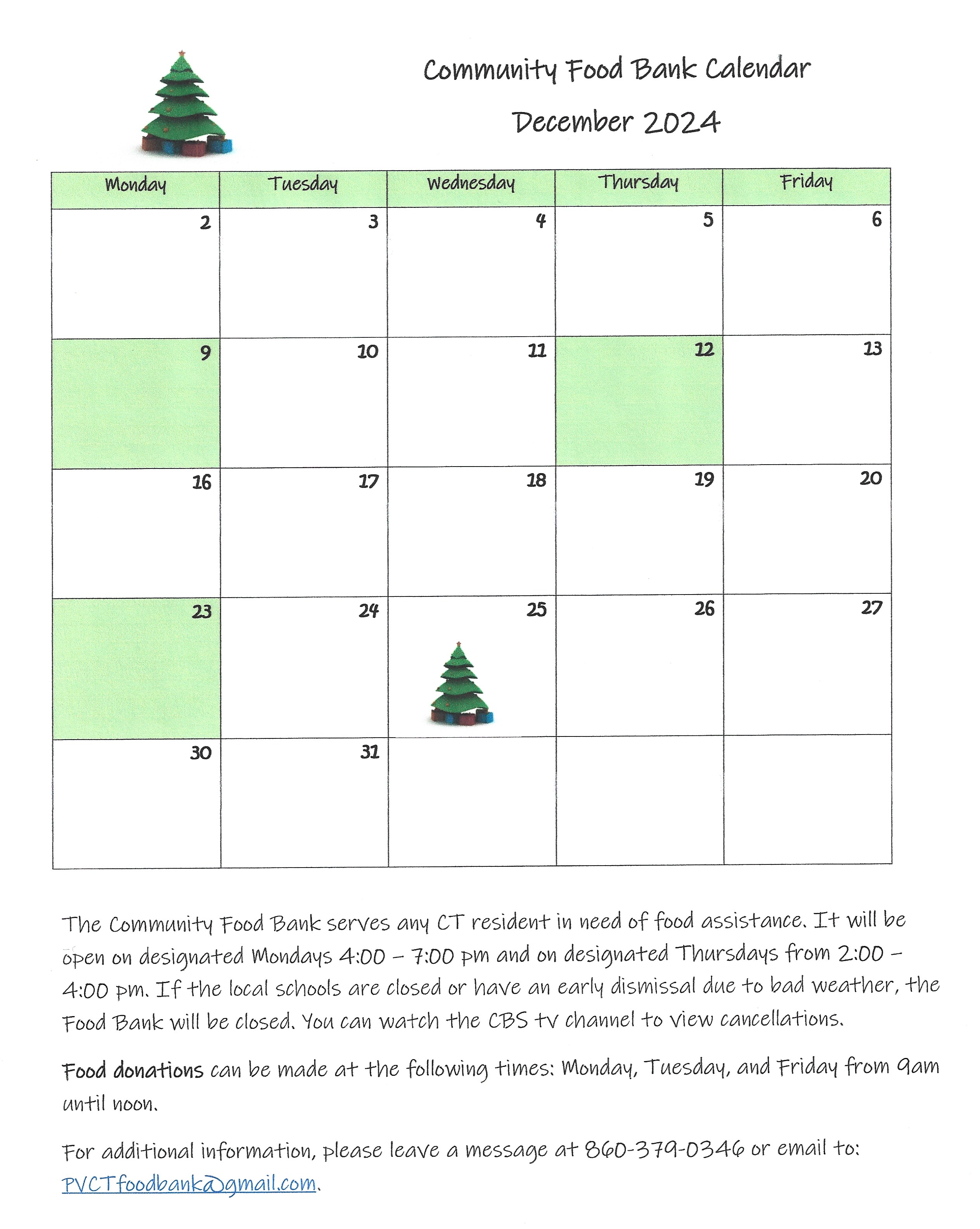December Calendar for Community Food Bank – Pleasant Valley-Winsted ...