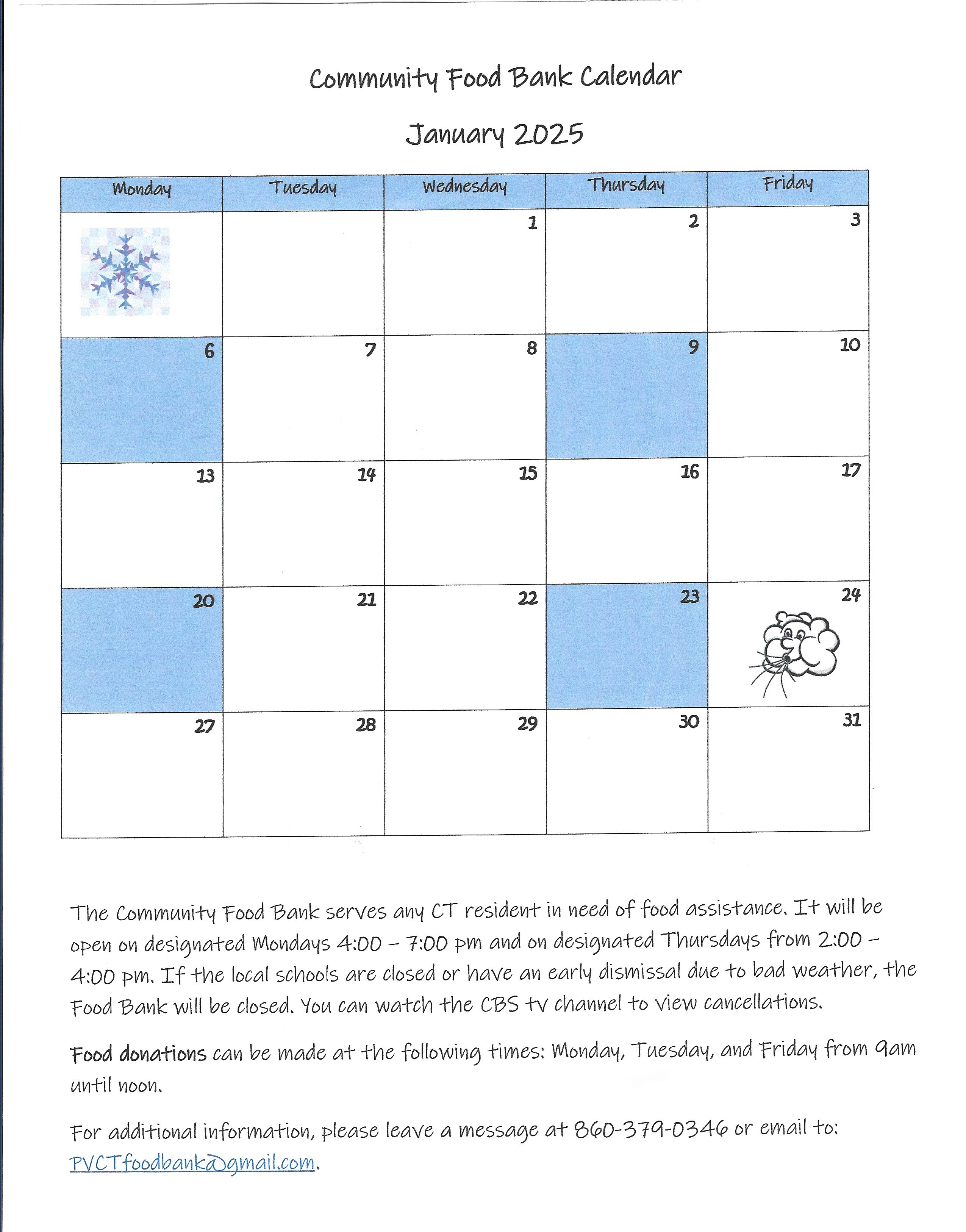 January 2025 Calendar for Community Food Bank – Pleasant Valley-Winsted ...