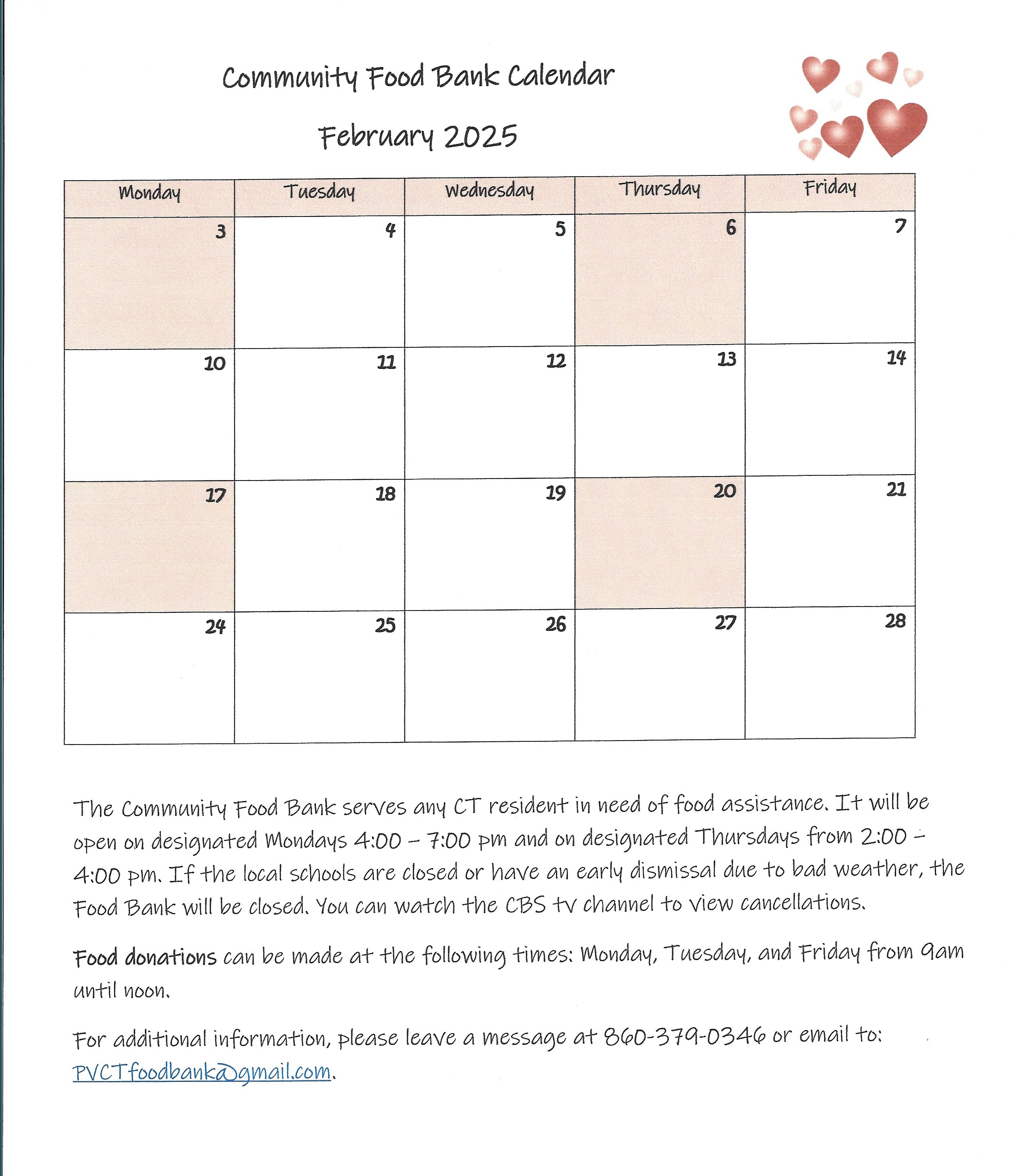 February Calendar for Community Food Bank – Pleasant Valley-Winsted ...