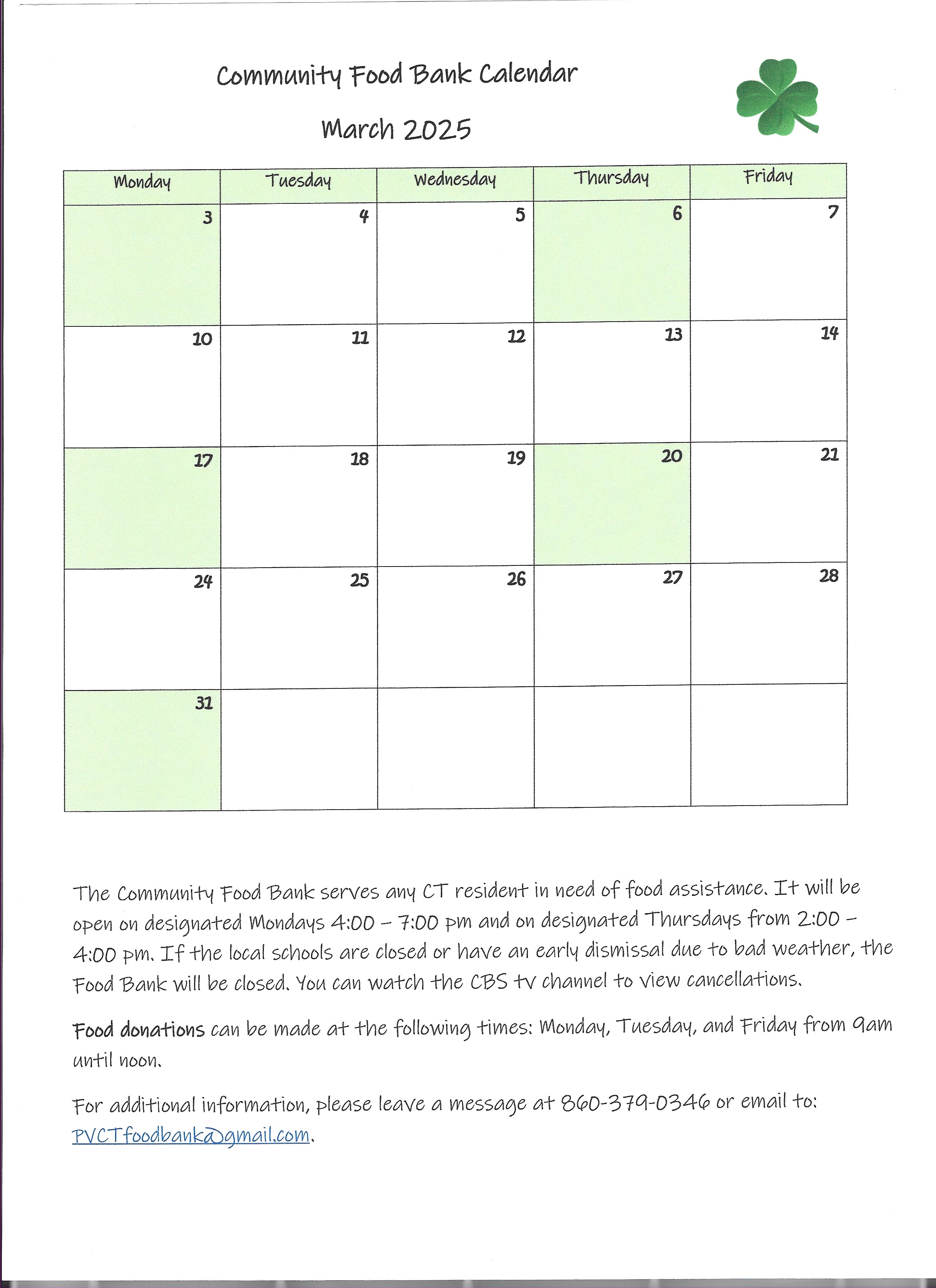 March Calendar for Community Food Bank – Pleasant Valley-Winsted United ...