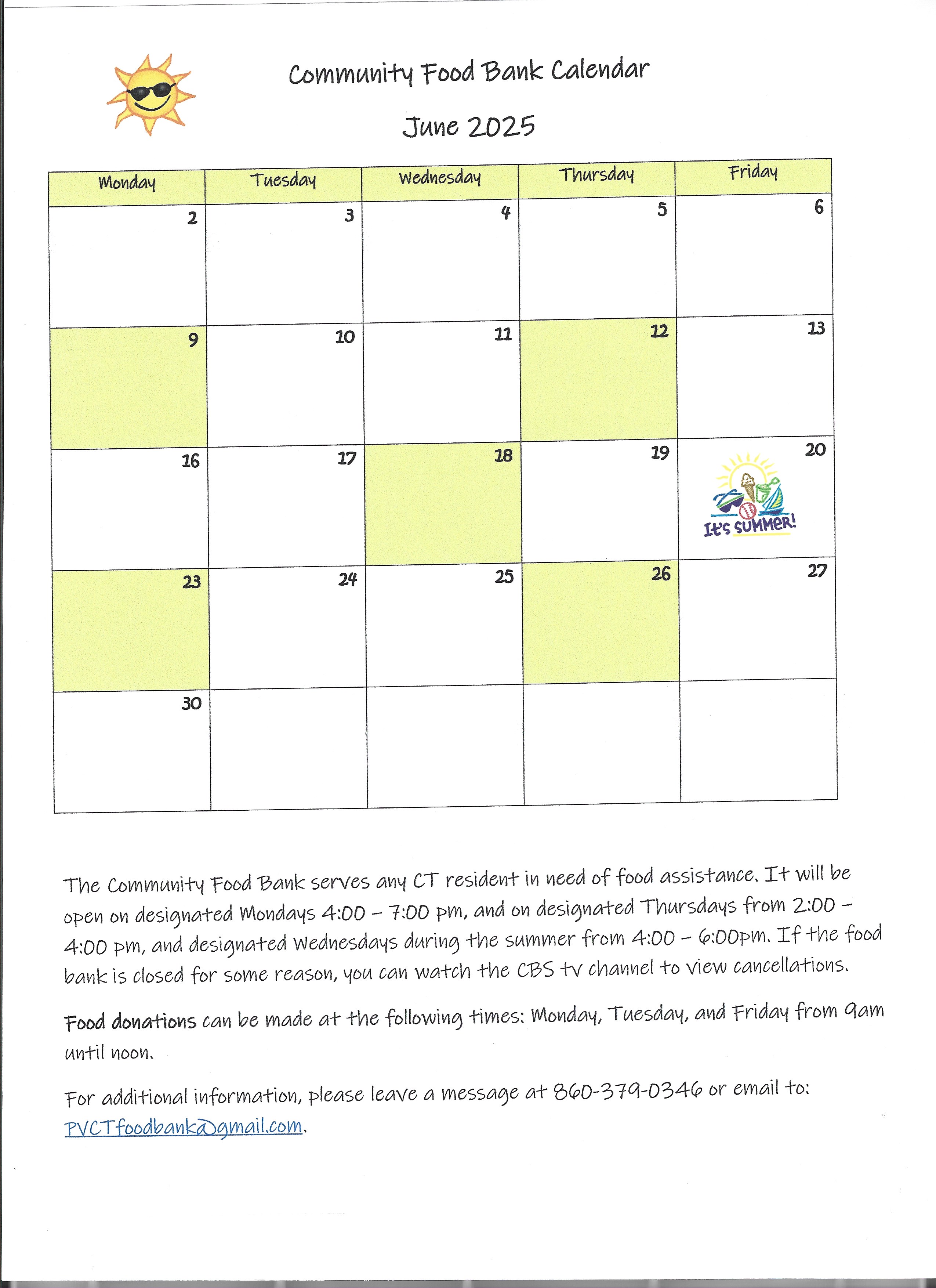 June Calendar for Community Food Bank – Pleasant Valley-Winsted United ...