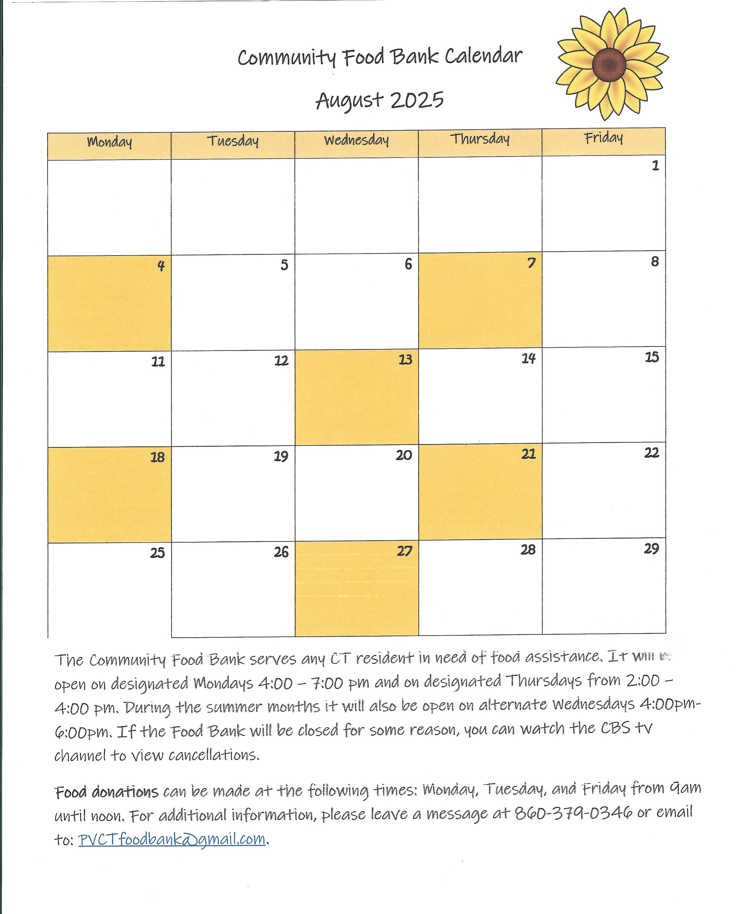 Community Food Bank Calendar: August – Pleasant Valley-Winsted United ...