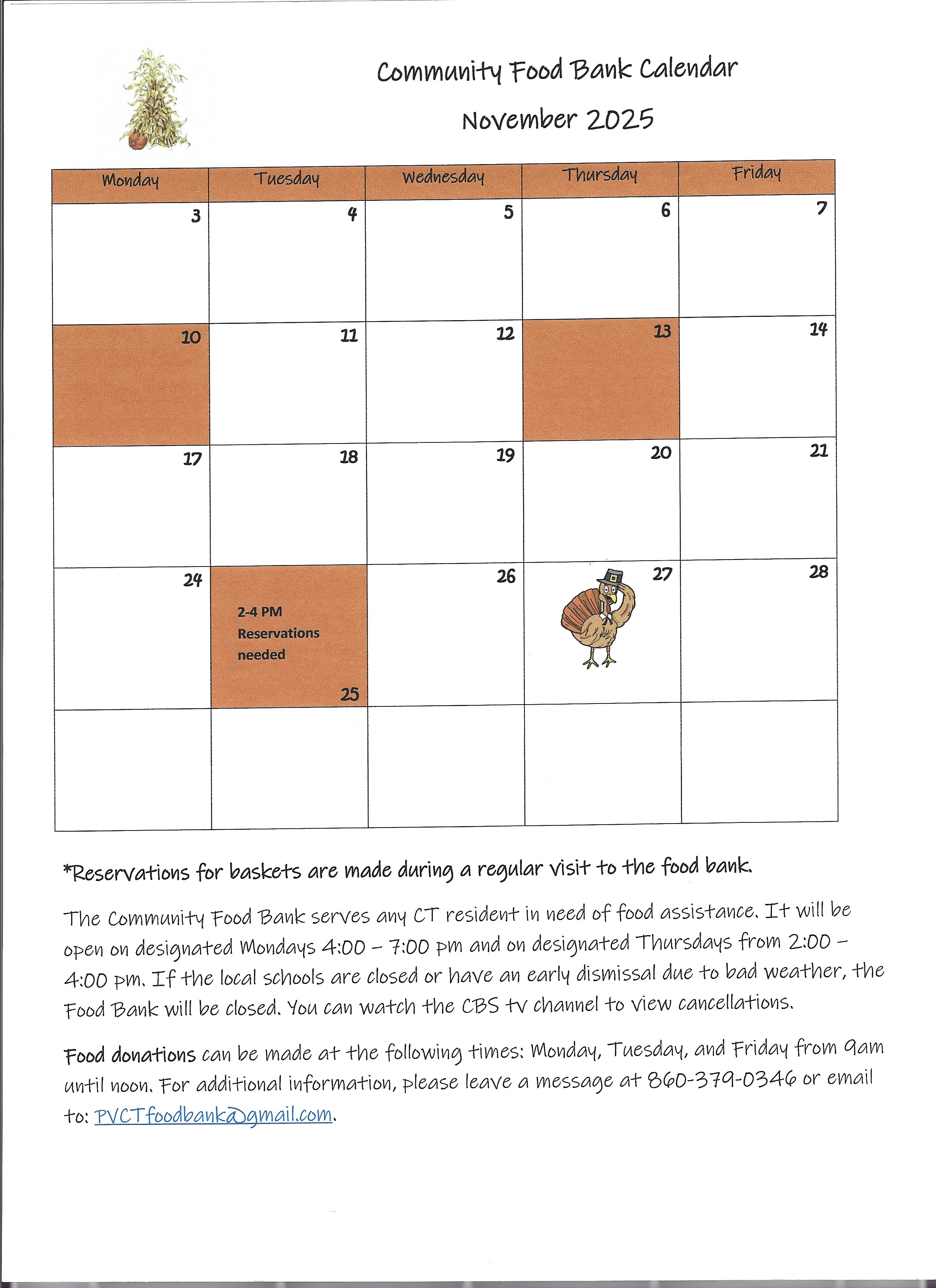 November Calendar for Community Food Bank – Pleasant Valley-Winsted ...